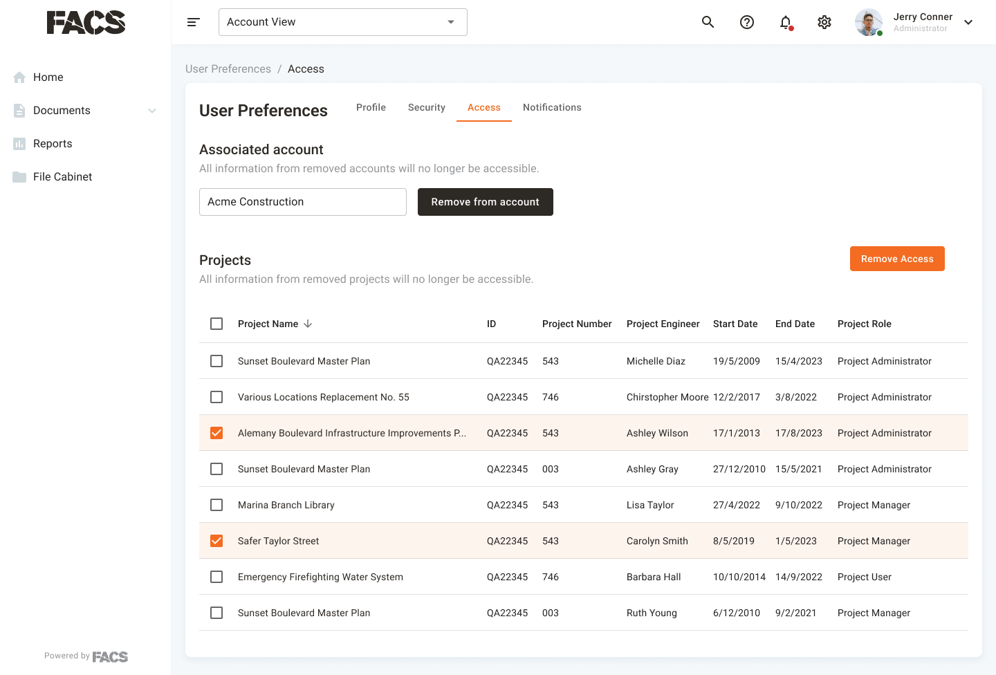 How do I remove Projects that I no longer need access to?